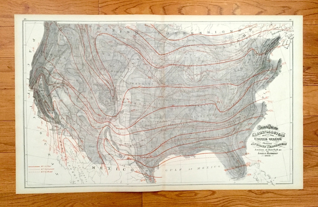 Antique 1874 Climatalogical Map of the United States From O.W. Gray's ...