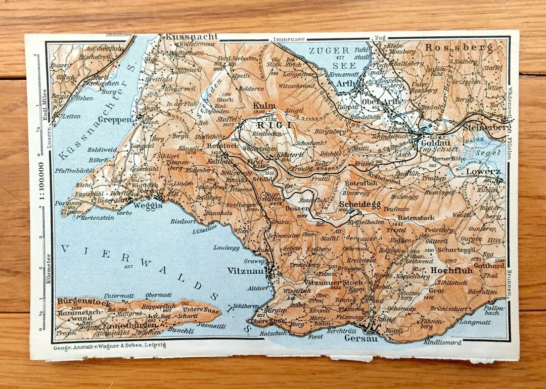 Antique 1913 Mount Rigi, Switzerland Map From Baedekers Guide Atlas ...
