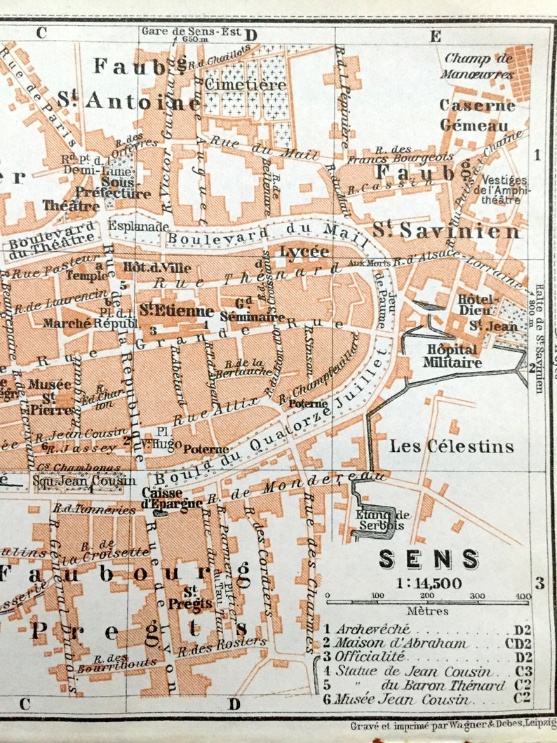 Antique 1909 Sens France Map From Baedekers Guide Atlas | Etsy