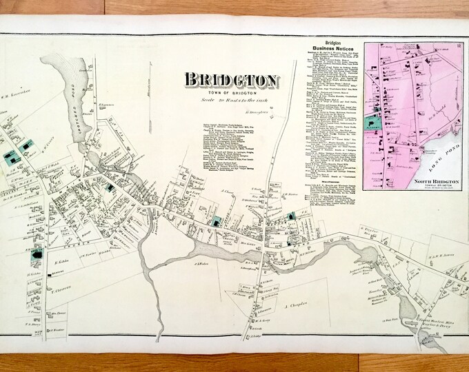 Antique 1871 Bridgton, Maine Map From F.W. Beers Atlas of Cumberland ...