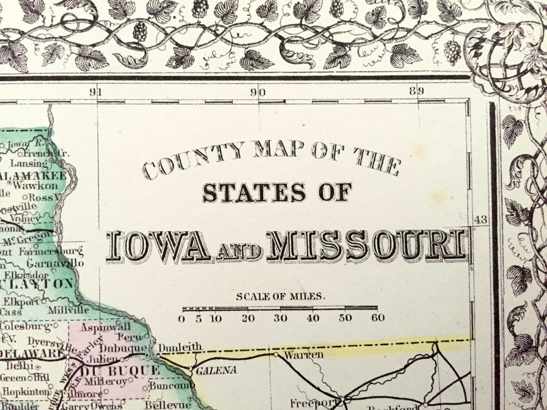 Antique 1871 Iowa & Missouri State Map by S.A. Mitchell - Etsy