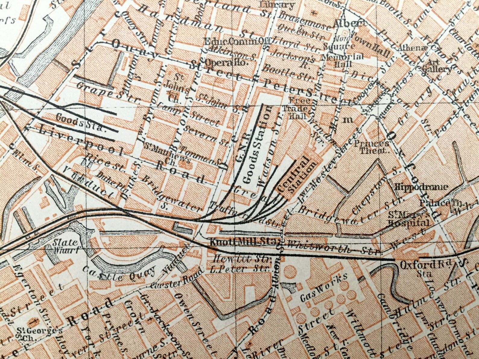 Antique 1927 Liverpool & Manchester, England Map From Baedekers Atlas ...