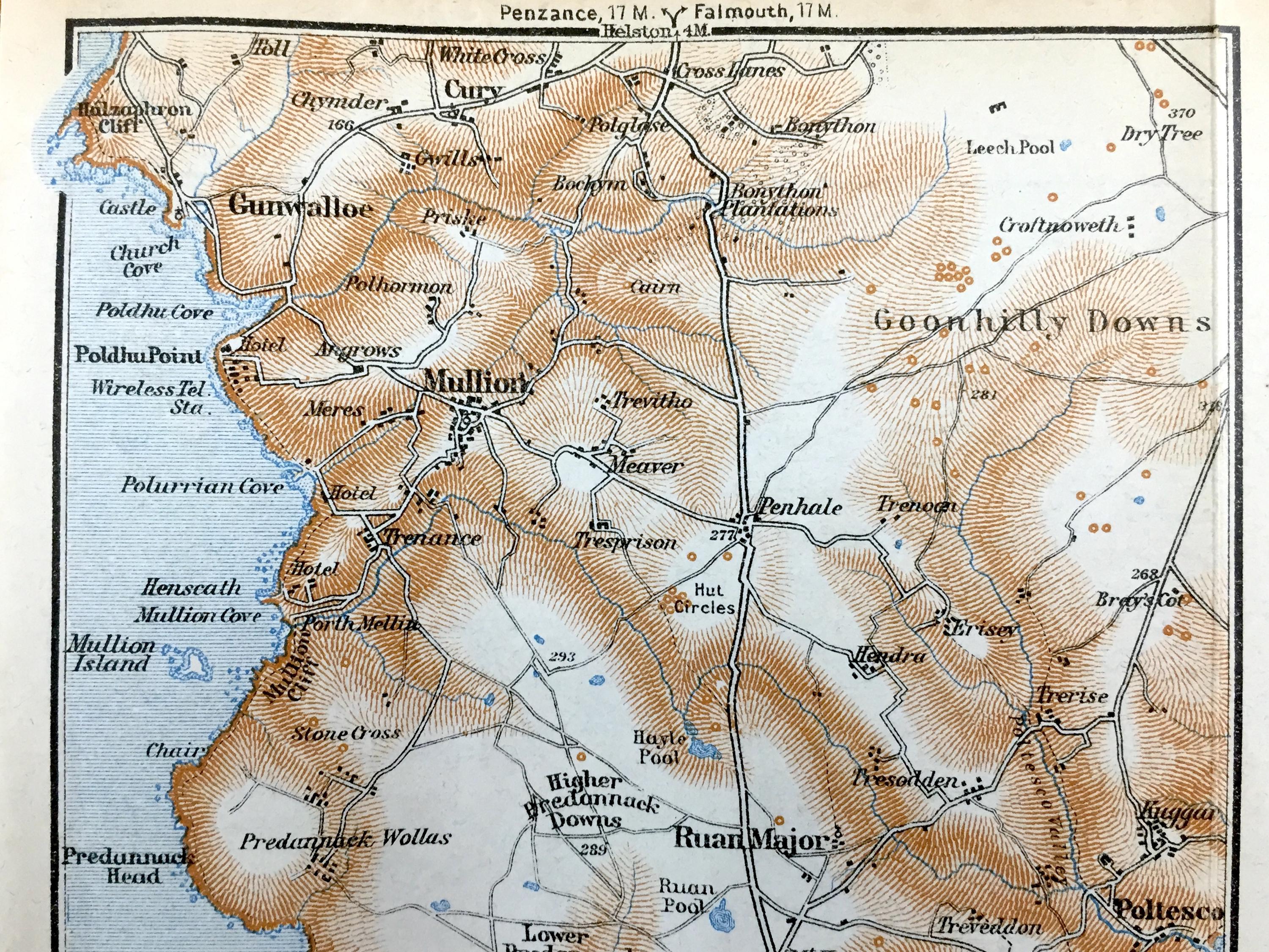 Antique 1927 Penzance & Lizard Point, England Map From Baedekers Atlas ...