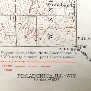 Antique Pecatonica, Illinois 1936 US Geological Survey Topographic Map ...