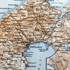 Antique 1927 Penzance & Lizard Point, England Map From Baedekers Atlas ...