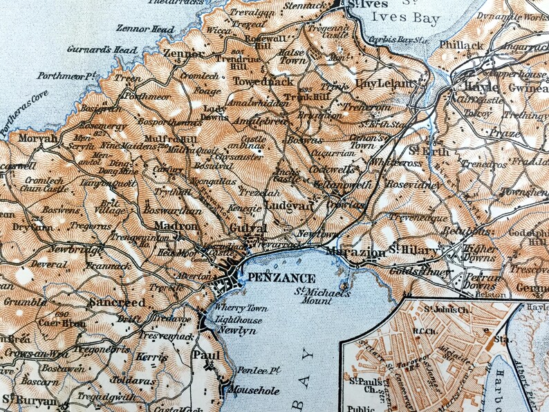 Antique 1927 Penzance & Lizard Point, England Map From Baedekers Atlas ...