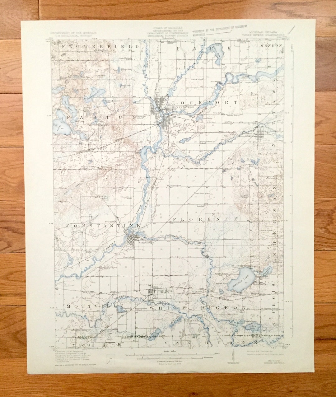 Antique Three Rivers, Michigan 1916 US Geological Survey Topographic ...