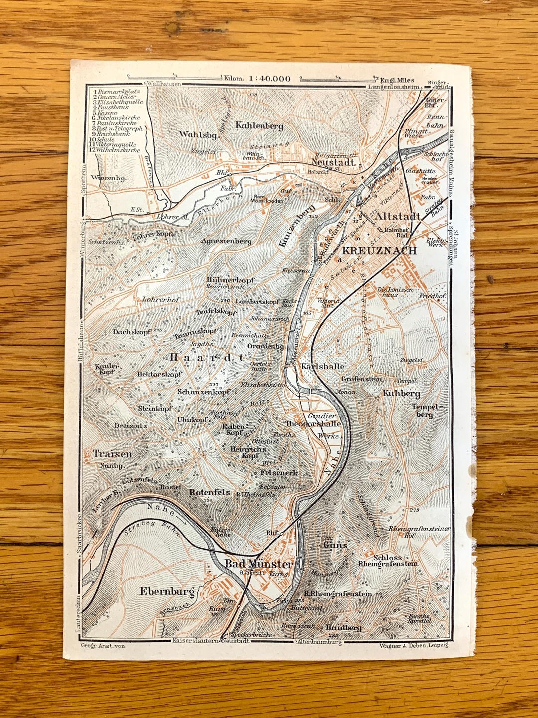 Antique 1911 Bad Kreuznach, Germany Map From Baedekers Guide Atlas ...