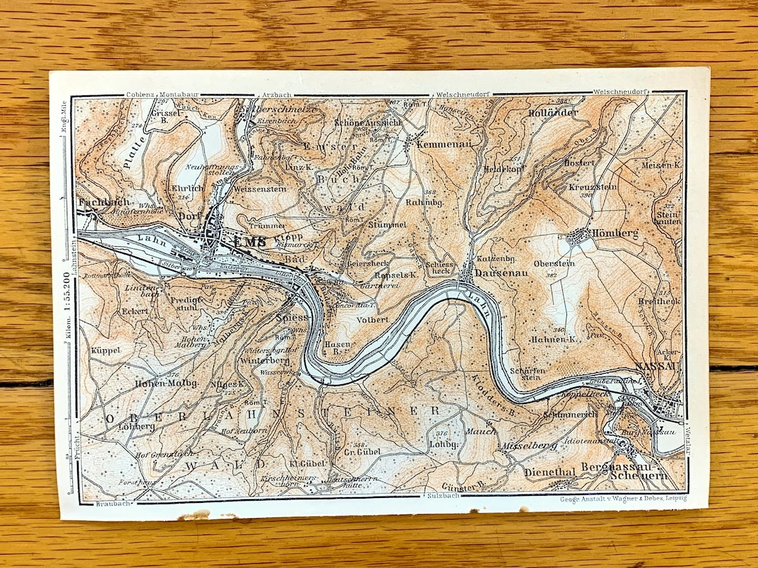 Antique 1911 Bad Ems, Germany Map From Baedekers Guide Atlas ...