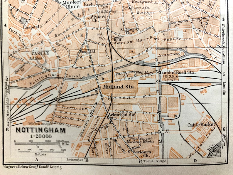 Antique 1906 Nottingham England Map From Baedekers Atlas of - Etsy