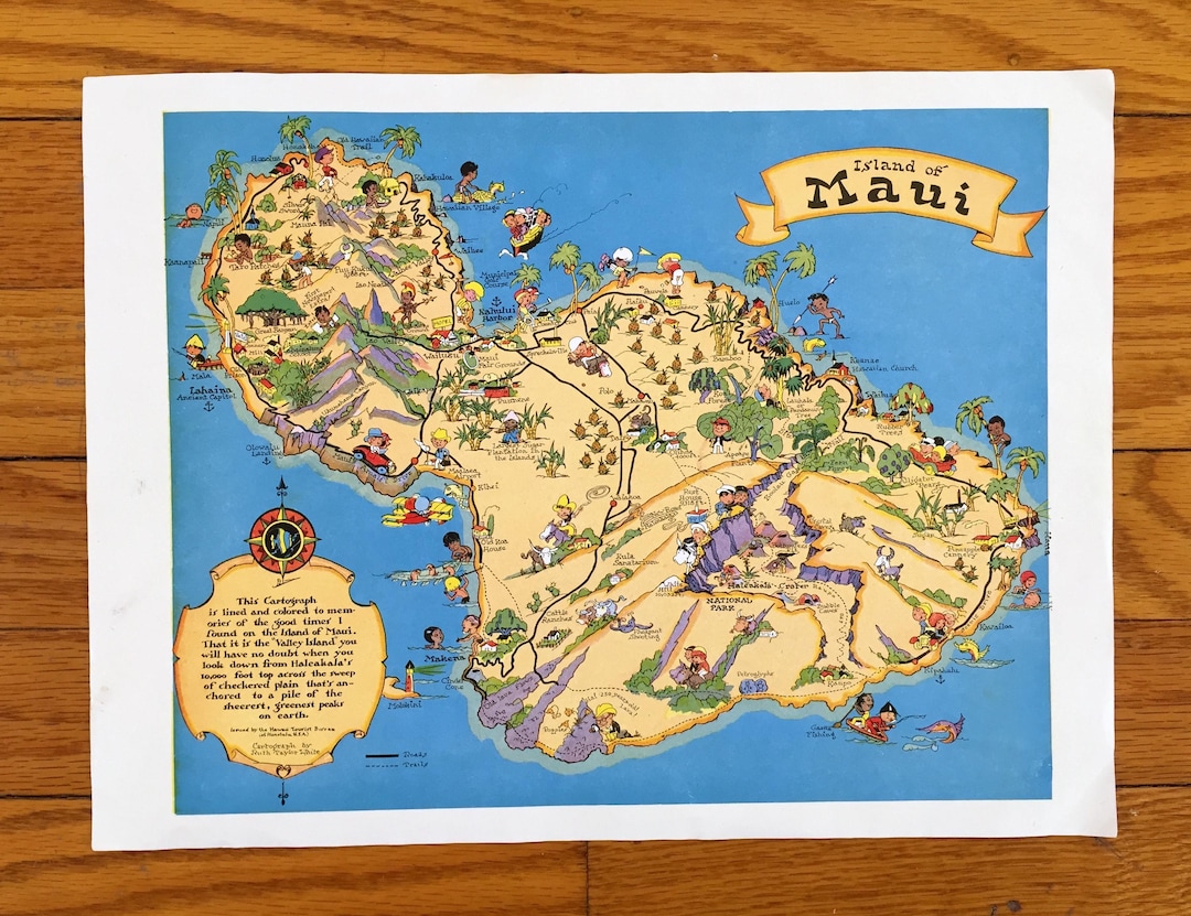 Antique 1931 Island of Maui, Hawaii Map by Ruth Taylor – Kahului, Kihei ...