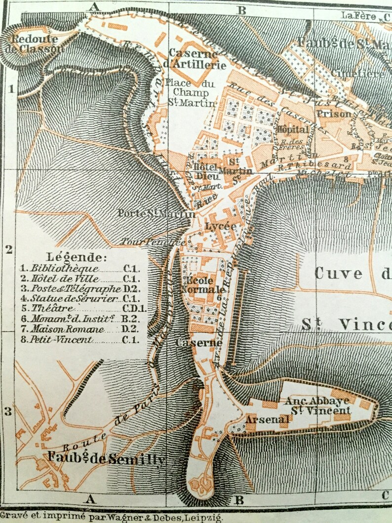 Antique 1909 Laon France Map From Baedekers Guide Atlas - Etsy