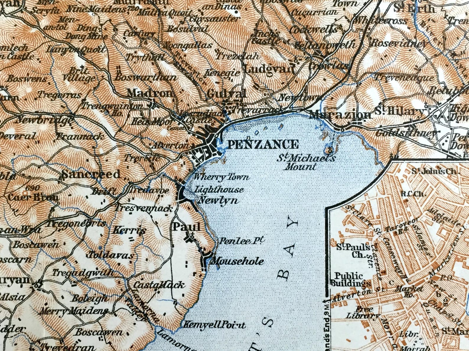Antique 1927 Penzance & Lizard Point, England Map From Baedekers Atlas ...