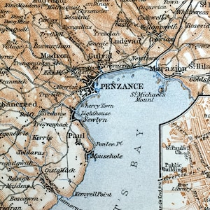 Antique 1927 Penzance & Lizard Point, England Map From Baedekers Atlas ...