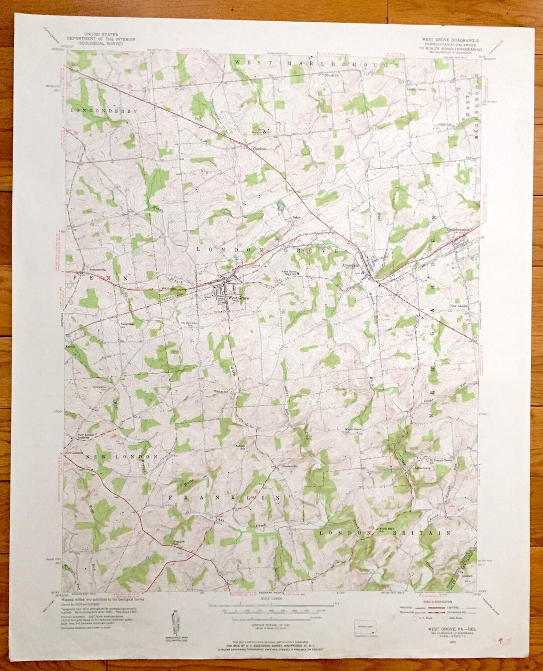 Antique West Grove, Pennsylvania 1953 US Geological Survey Topographic ...