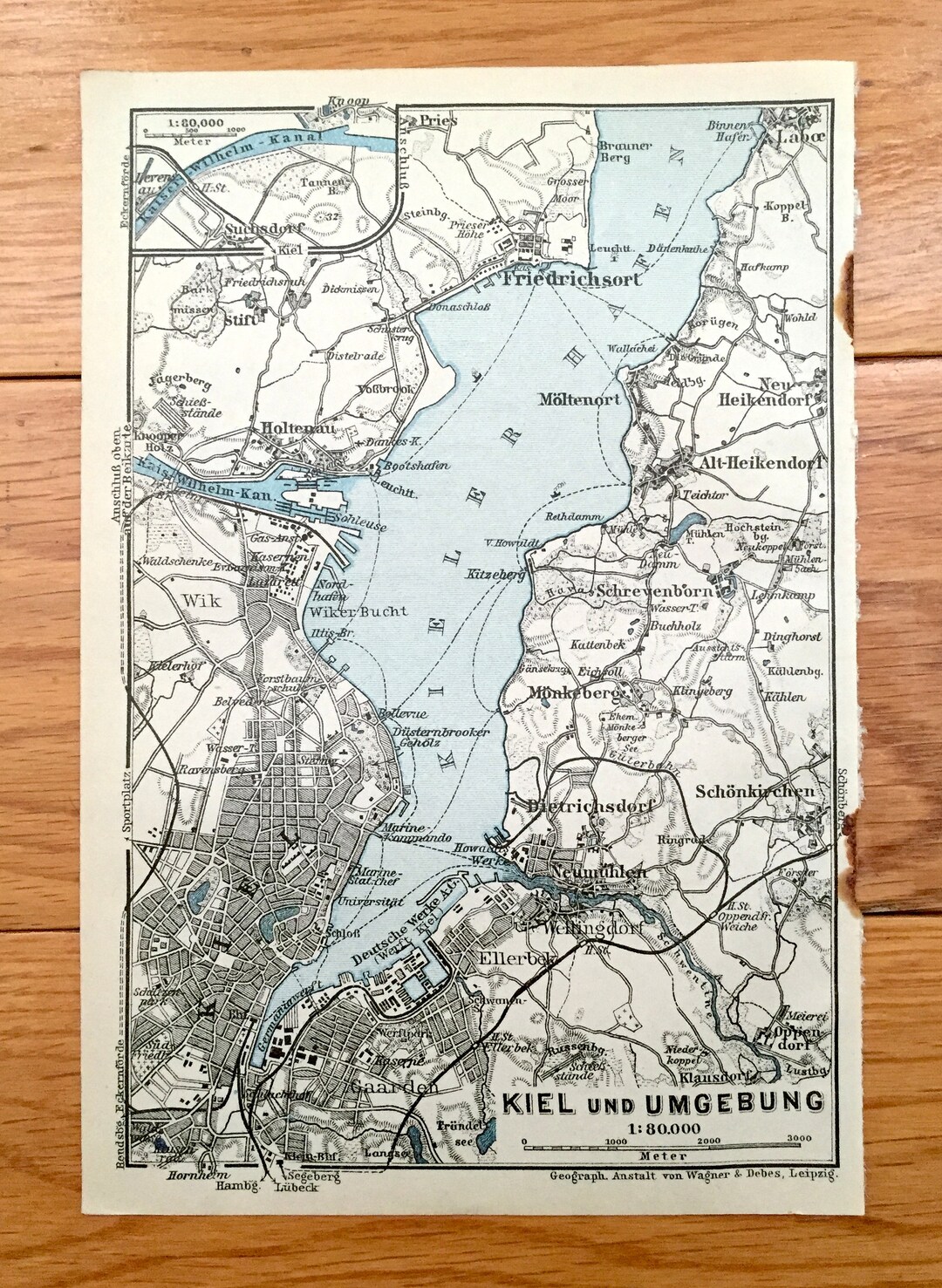 Antique 1925 Kiel Und Umgebung, Germany Map From Baedekers Guide Atlas ...