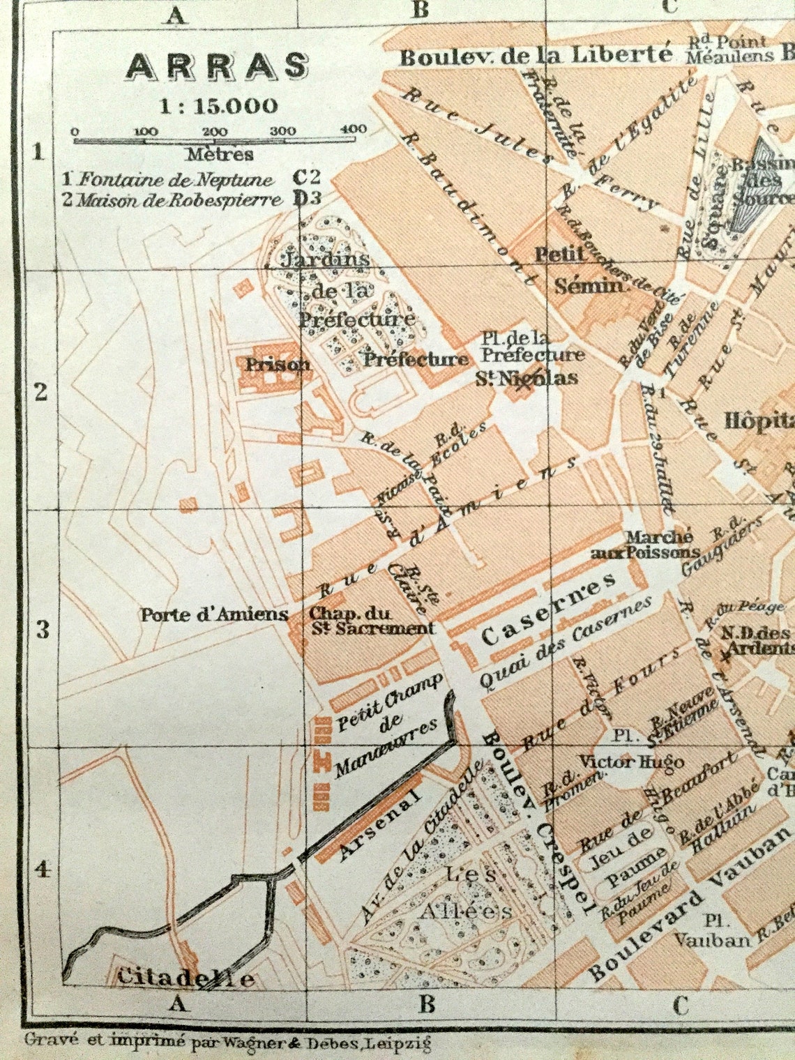 Antique 1909 Arras, France Map From Baedekers Guide Atlas – Citadelle ...