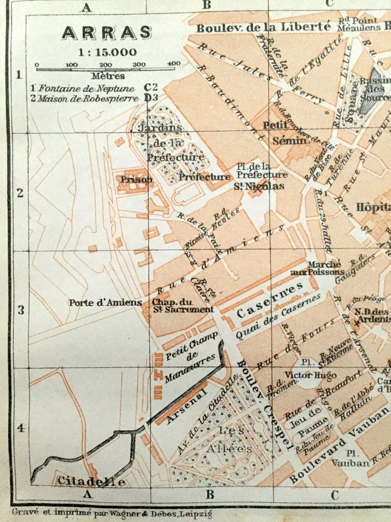 Antique 1909 Arras, France Map From Baedekers Guide Atlas – Citadelle ...