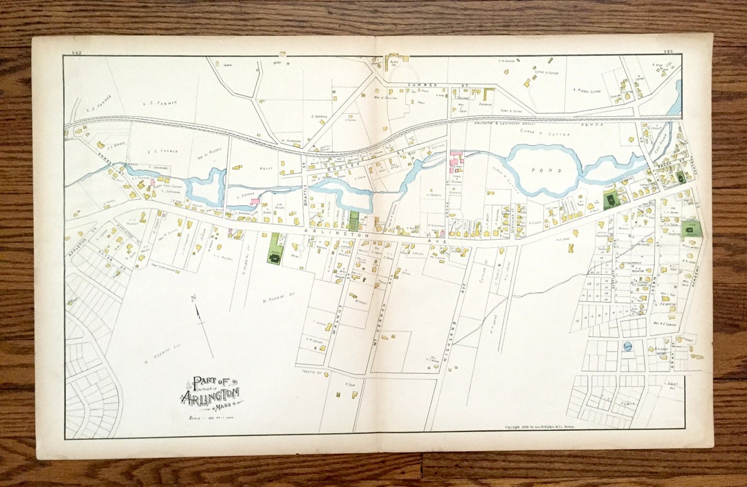 Antique 1889 Arlington, Massachusetts Street Map From George H Walker ...