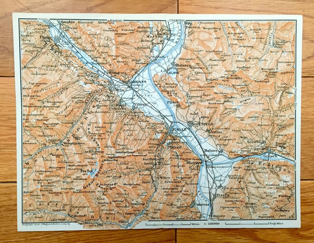 Antique 1913 Ragaz, Switzerland Map From Baedekers Guide Atlas – Igis ...