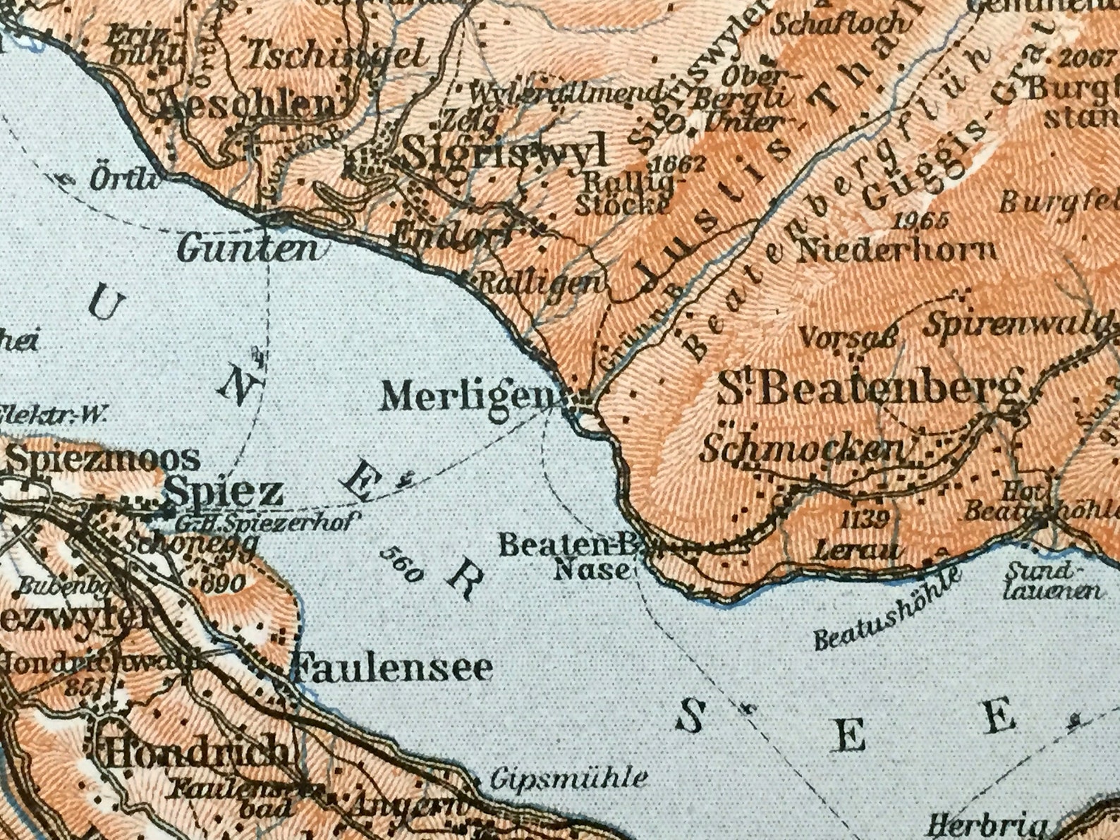 Antique 1913 Spiez, Switzerland Map From Baedekers Guide Atlas Lake ...
