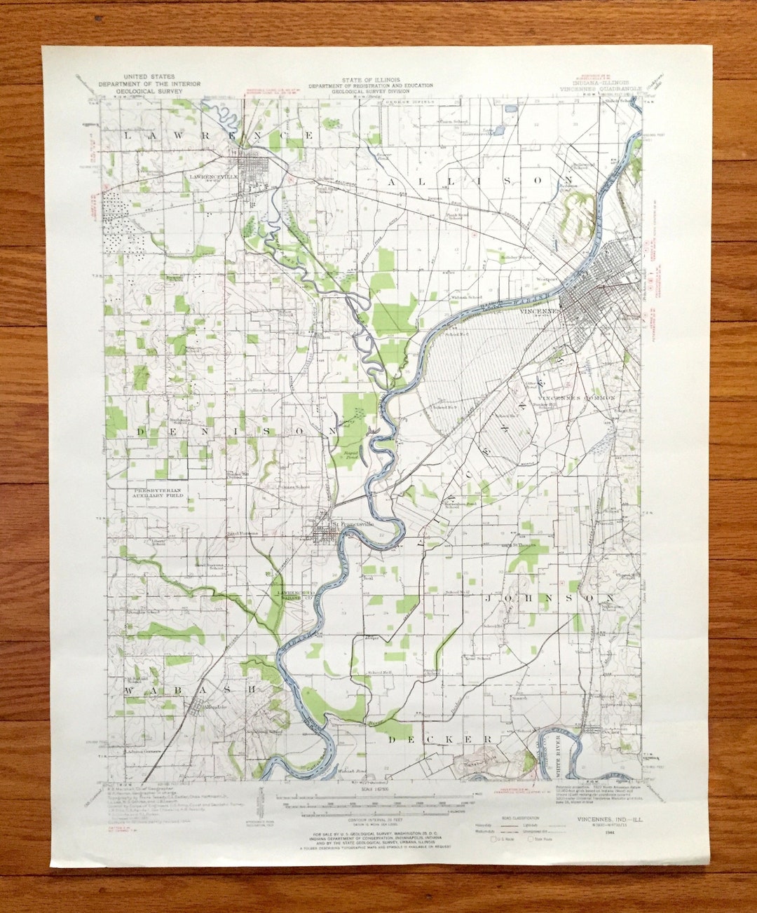 Antique Vincennes, Indiana & Lawrenceville, Illinois 1944 US Geological ...