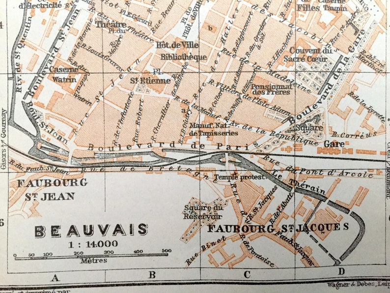 Antique 1909 Beauvais, France Map From Baedekers Guide Atlas – Oise ...