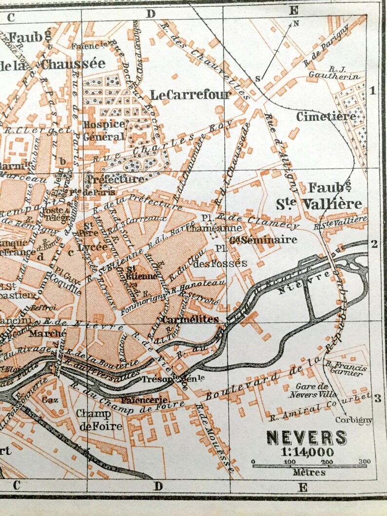 Antique 1909 Nevers France Map From Baedekers Guide Atlas - Etsy