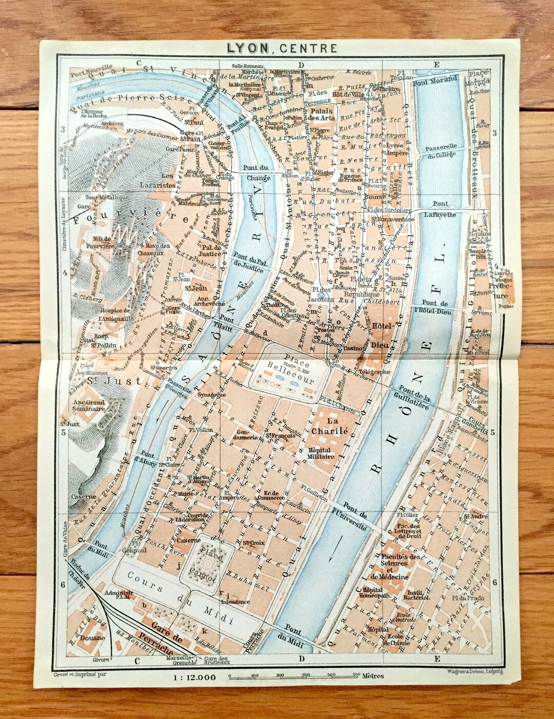 Antique 1914 Lyon, France Map From Baedekers Guide Atlas – St Just ...