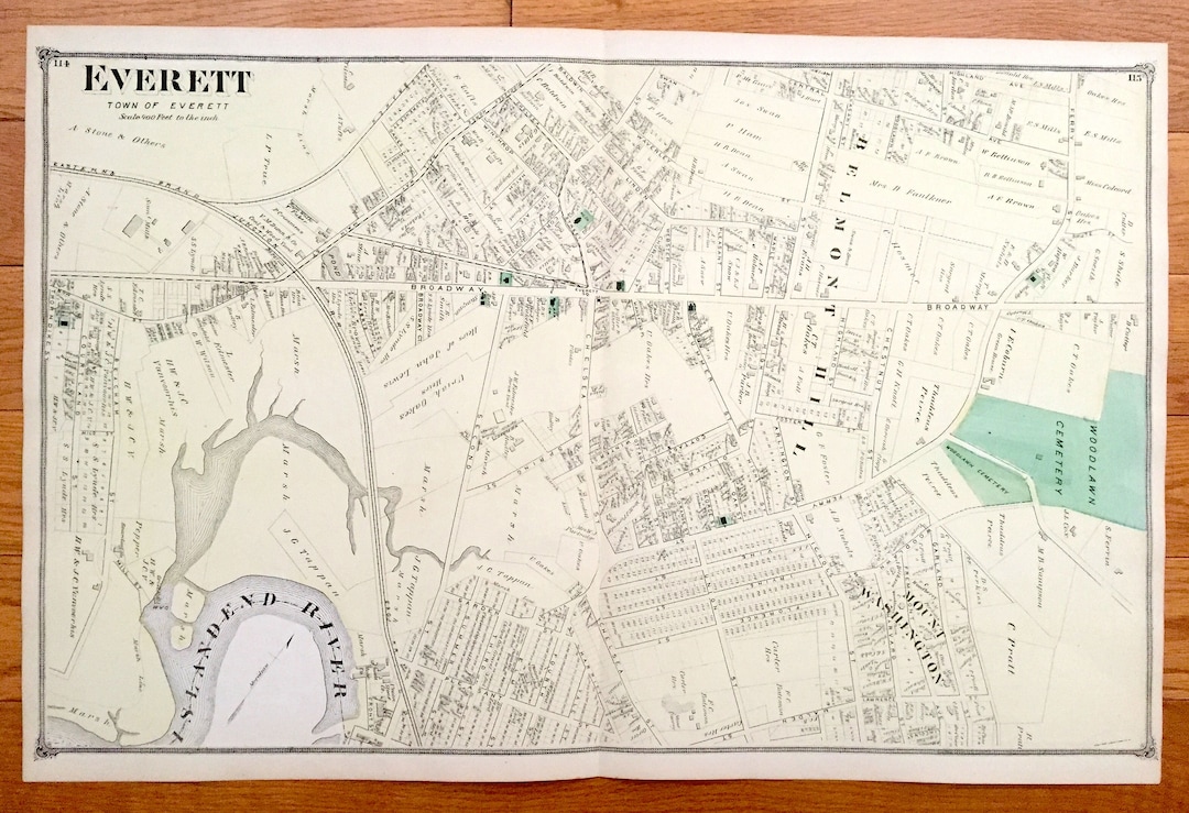 Antique 1875 Everett, Massachusetts Map From J.B. Beers Atlas of ...