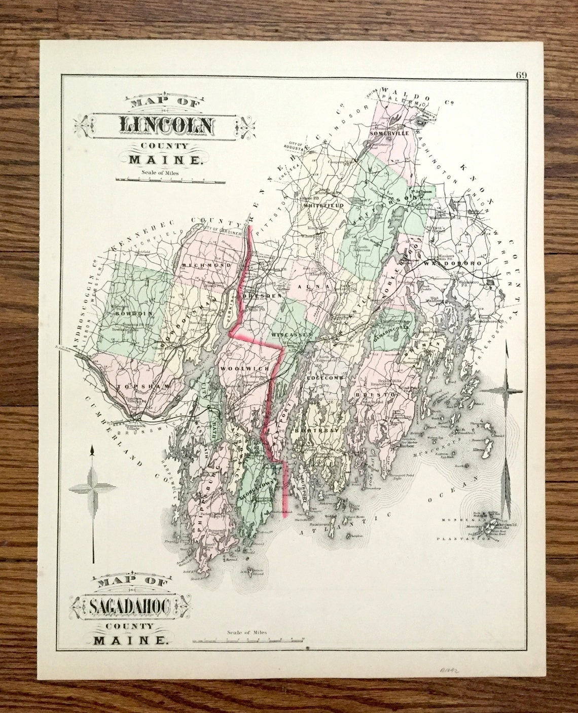 Antique 1885 Sagadahoc and Lincoln County, Maine Map by George N. Colby ...