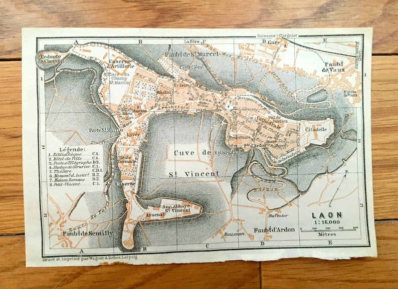 Antique 1909 Laon France Map From Baedekers Guide Atlas - Etsy