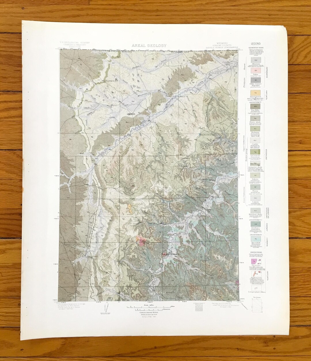 Antique Devils Tower, Wyoming 1907 US Geological Survey Topographic Map ...