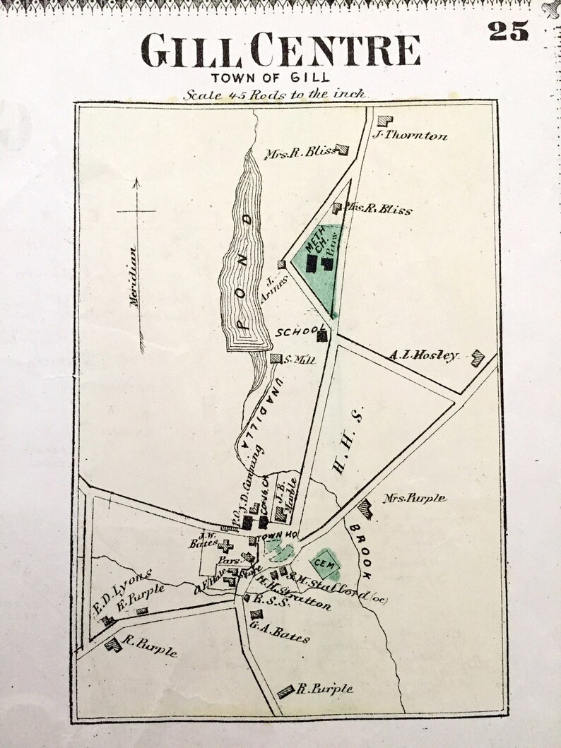 Antique 1871 Greenfield & Gill, Massachusetts Map From F.W. Beers Atlas ...