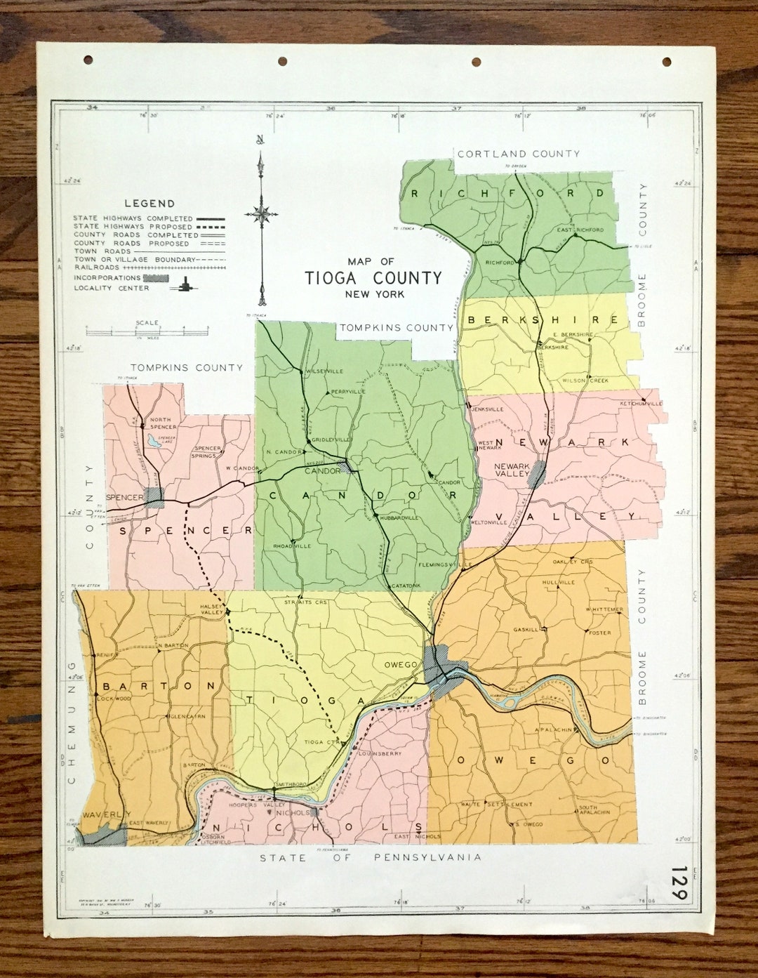Antique Tioga County, New York 1941 Historical Atlas Map – Owego ...