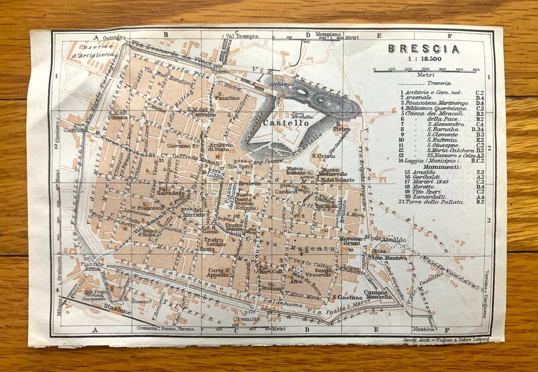 Antique 1913 Brescia, Italy Map From Muirhead's Blue Guides & Baedekers ...