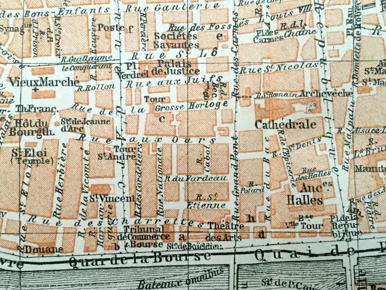 Antique 1909 Rouen, France Map From Baedekers Guide Atlas – Normandy ...