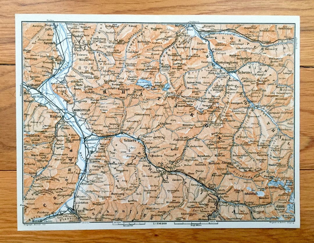 Antique 1913 Maienfeld, Switzerland Map From Baedekers Guide Atlas ...