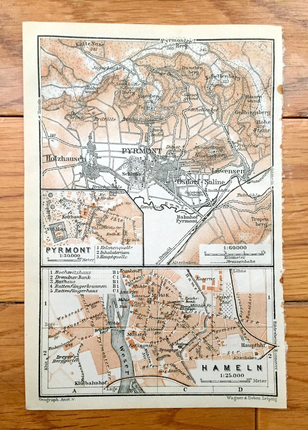 Antique 1925 Hamelin Pyrmont, Germany Map From Baedekers Guide Atlas ...