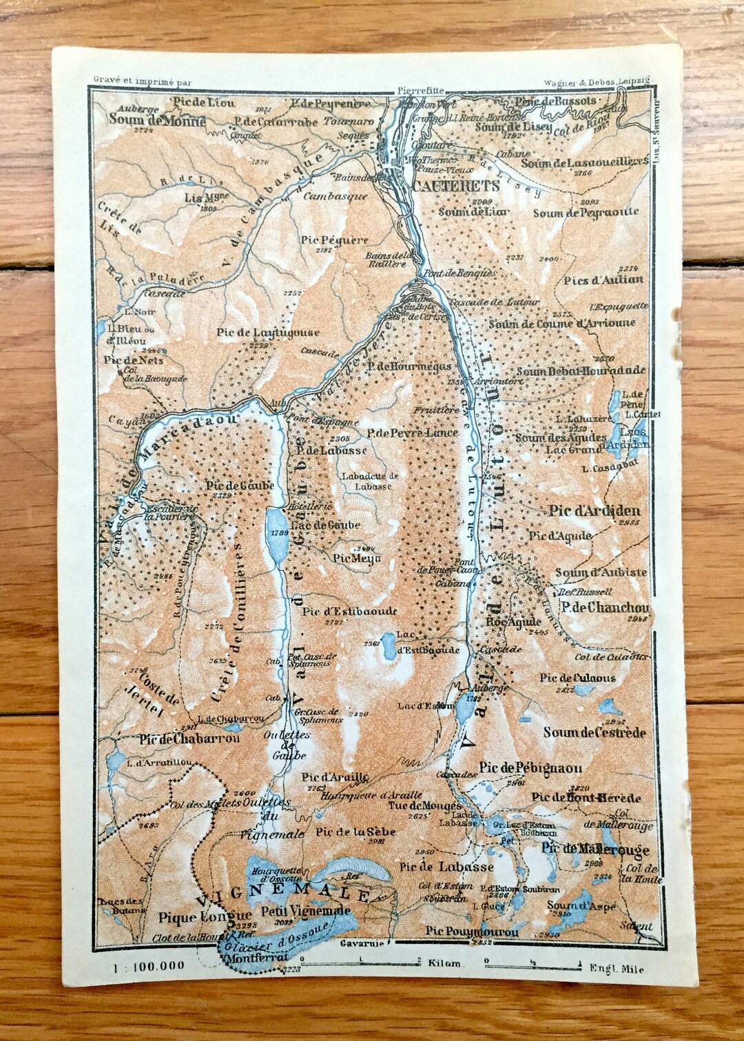 Antique 1914 Cauterets Hautes Pyrenees, France Map From Baedekers Guide ...