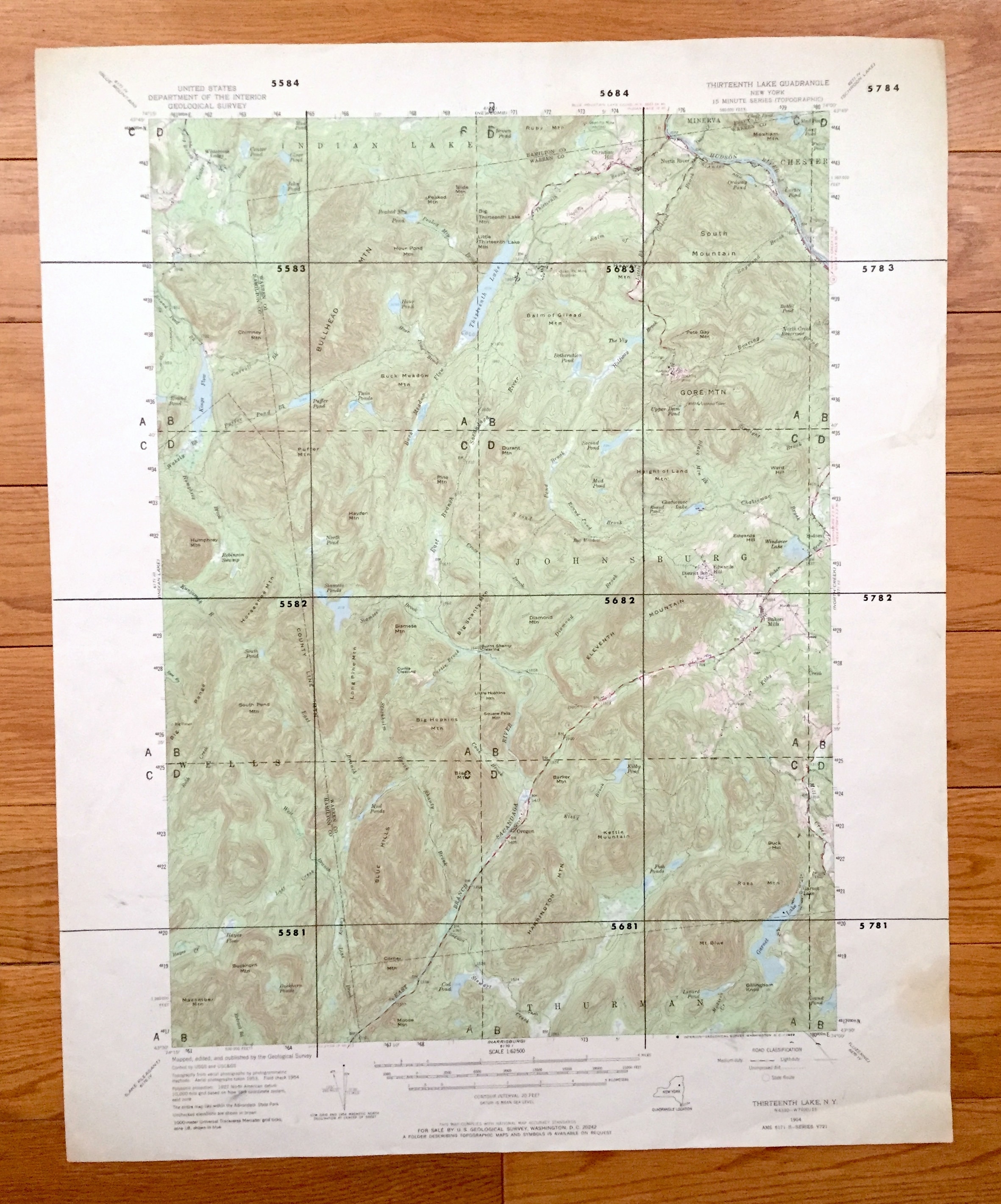 Antique Thirteenth Lake, New York 1954 US Geological Survey Topographic ...