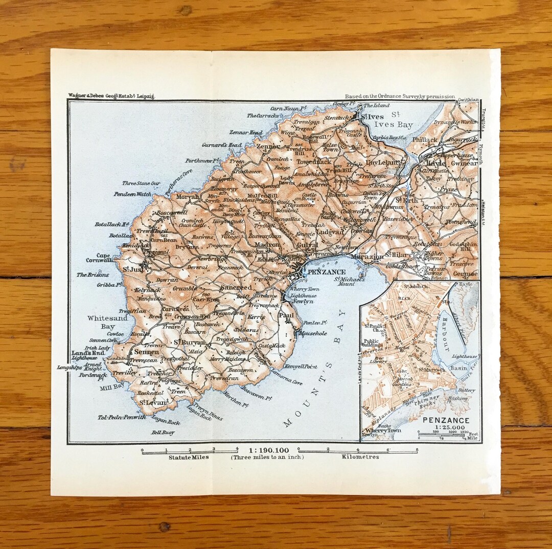 Antique 1927 Penzance & Lizard Point, England Map From Baedekers Atlas ...