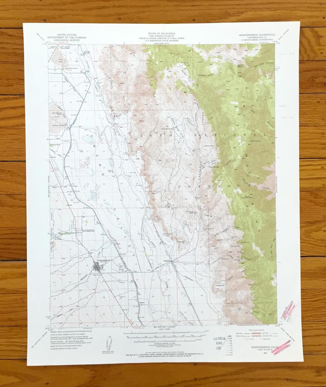 Antique Independence, California 1951 US Geological Survey Topographic ...
