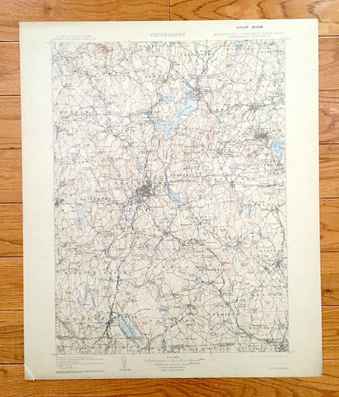 Antique Central Massachusetts 1908 US Geological Survey Topographic Map ...