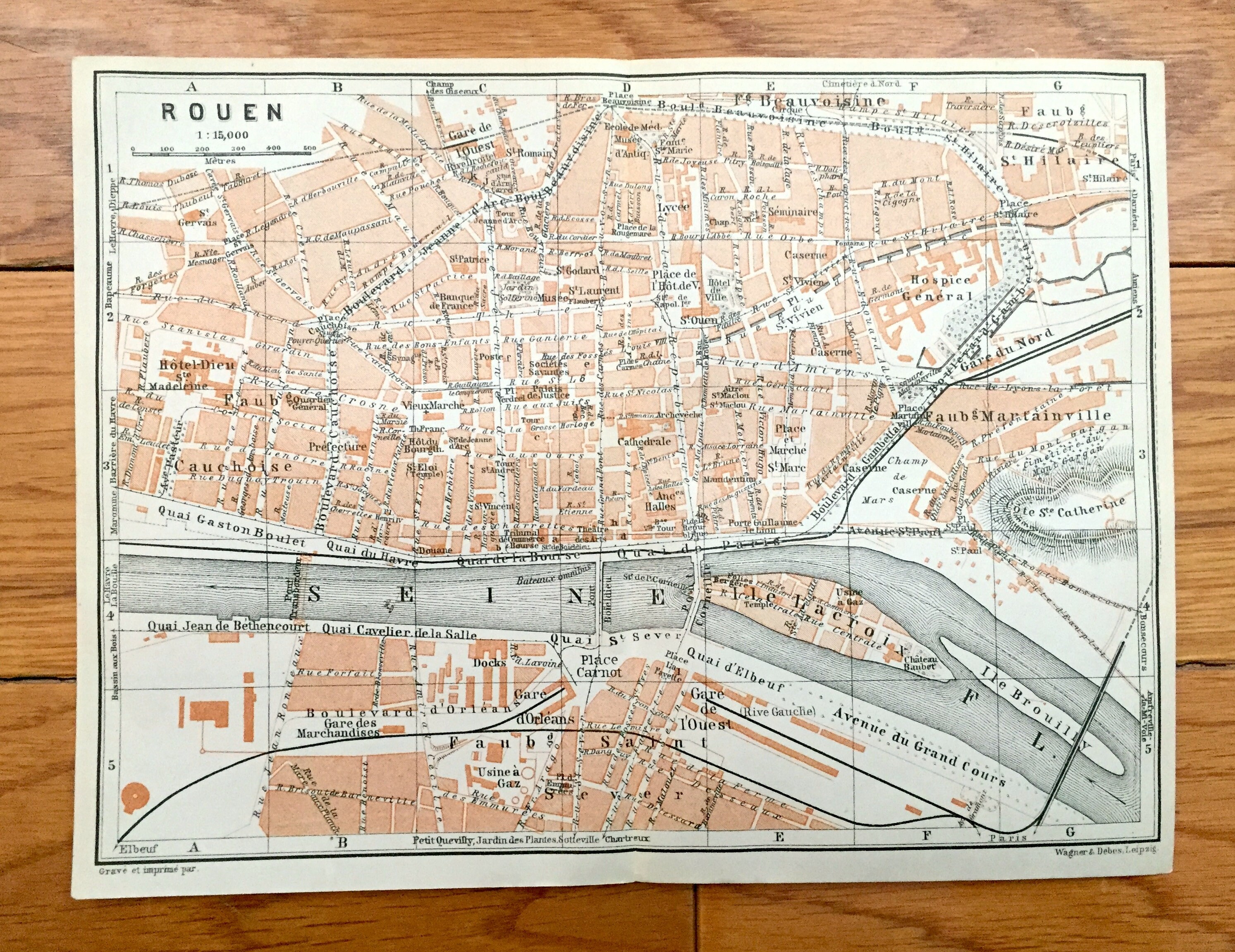Antique 1909 Rouen, France Map From Baedekers Guide Atlas – Normandy ...