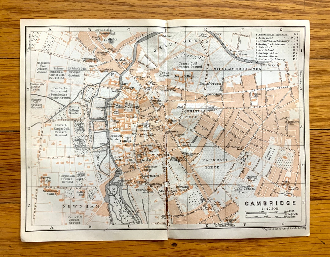 Antique 1906 Cambridge, England Map From Baedekers Atlas of Great ...