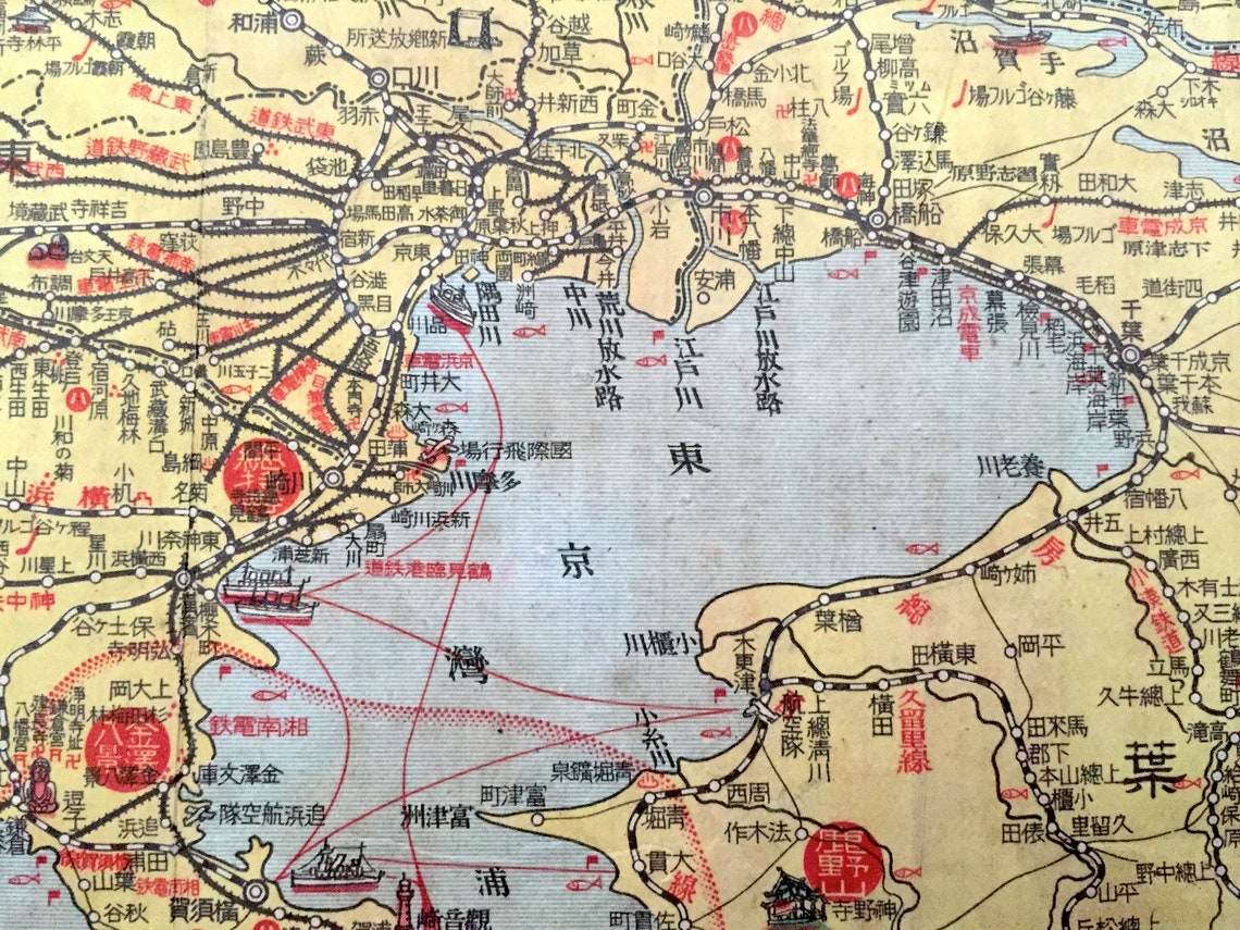 Antique 1940s Japan Wwii-era Map Tokyo Yokohama Chiba - Etsy