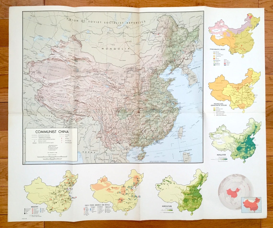 Antique 1960s China Map Communist Tibet Burma Mongolia - Etsy UK