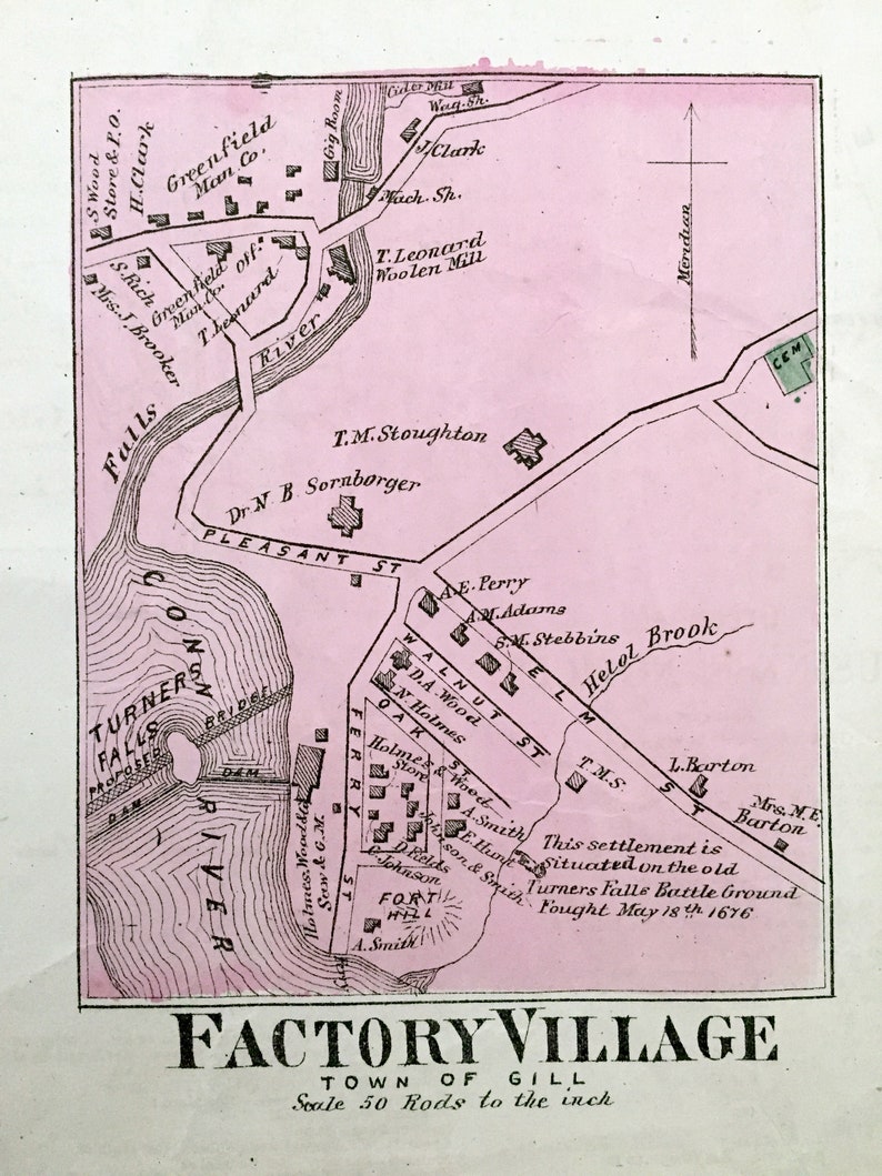 Antique 1871 Greenfield & Gill, Massachusetts Map From F.W. Beers Atlas ...