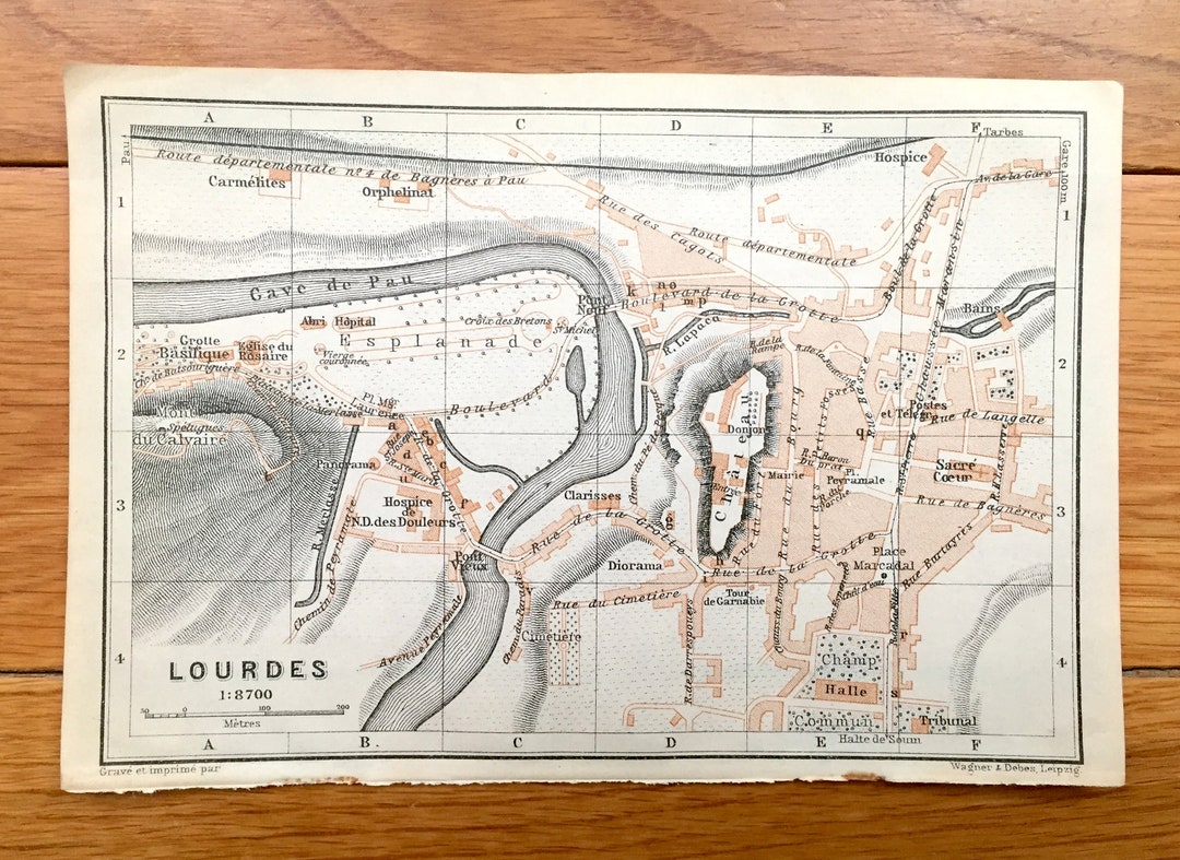 Antique 1914 Lourdes, France Map From Baedekers Guide Atlas – Pyrenees ...